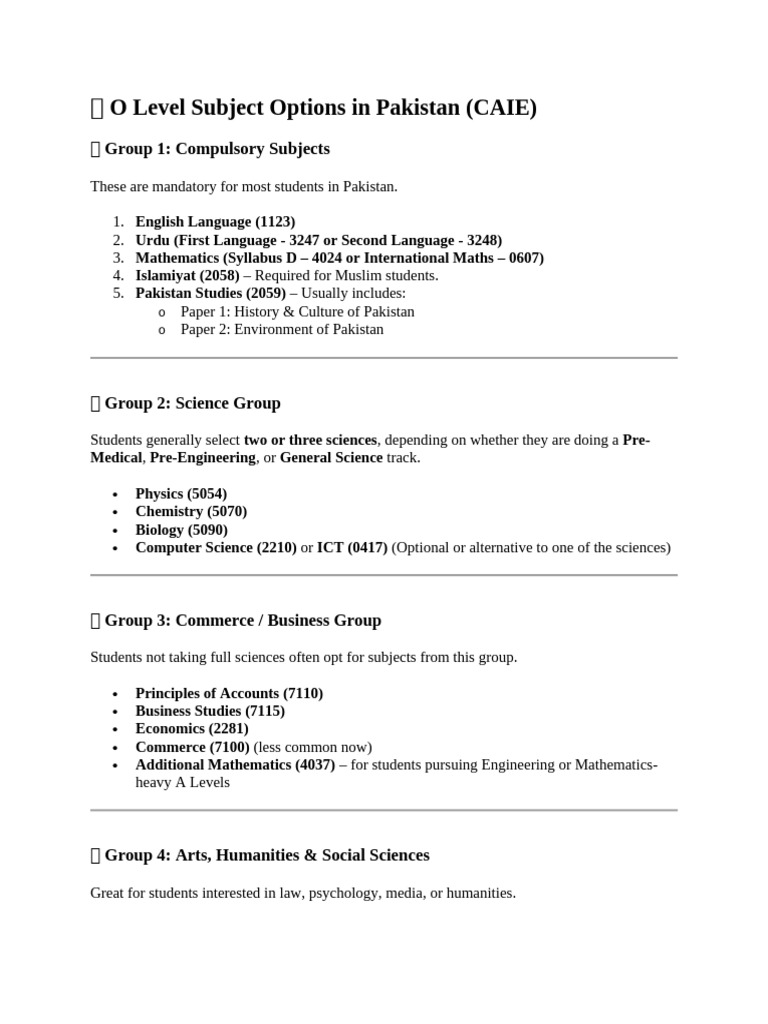O Level Subjects Overview in Pakistan | PDF