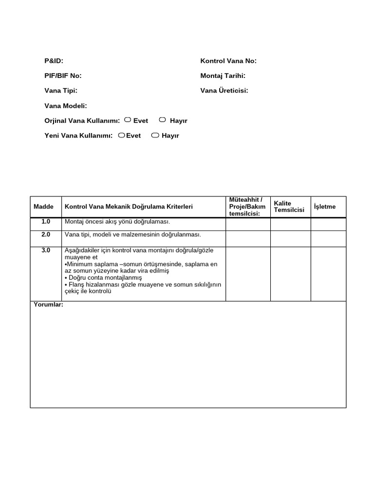 Kontrol Vanası Montaj Formu | PDF