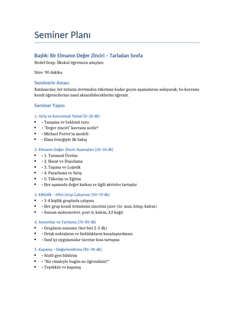 Değer Zinciri Seminer Planı | PDF