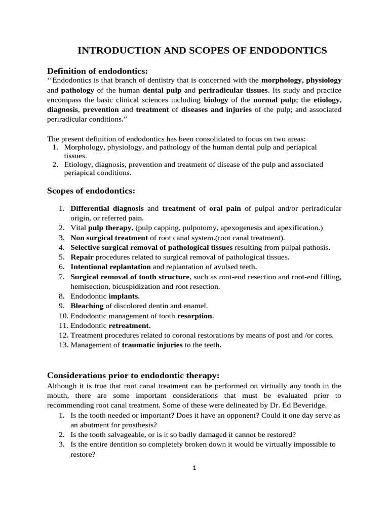 Introduction and Scopes of Endodontics | PDF | Dentistry | Tooth