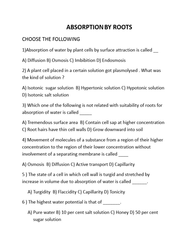 Absorption by Roots Worksheet | PDF | Osmosis | Plant Physiology