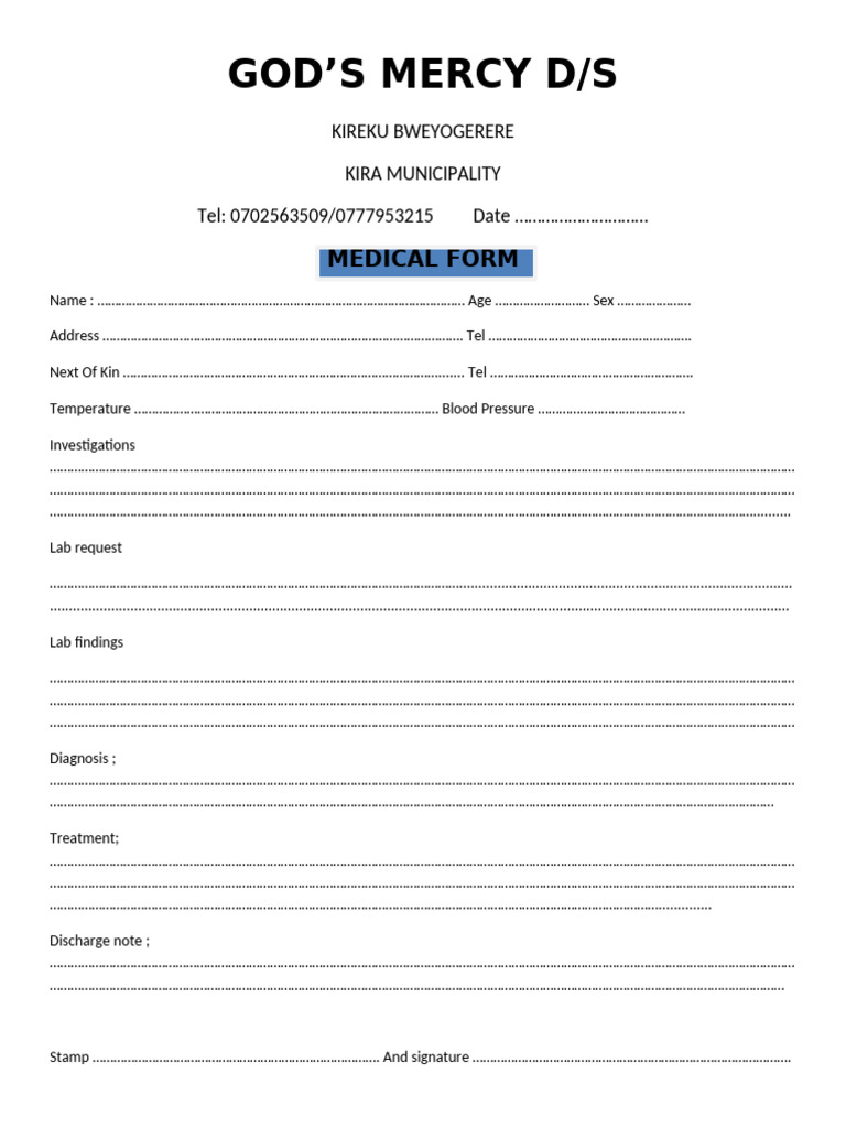 God'S Mercy D/S: Medical Form | PDF