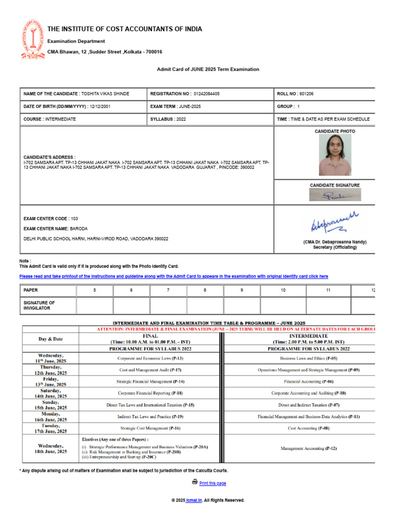 Admit Card of JUNE 2025 Cma | PDF
