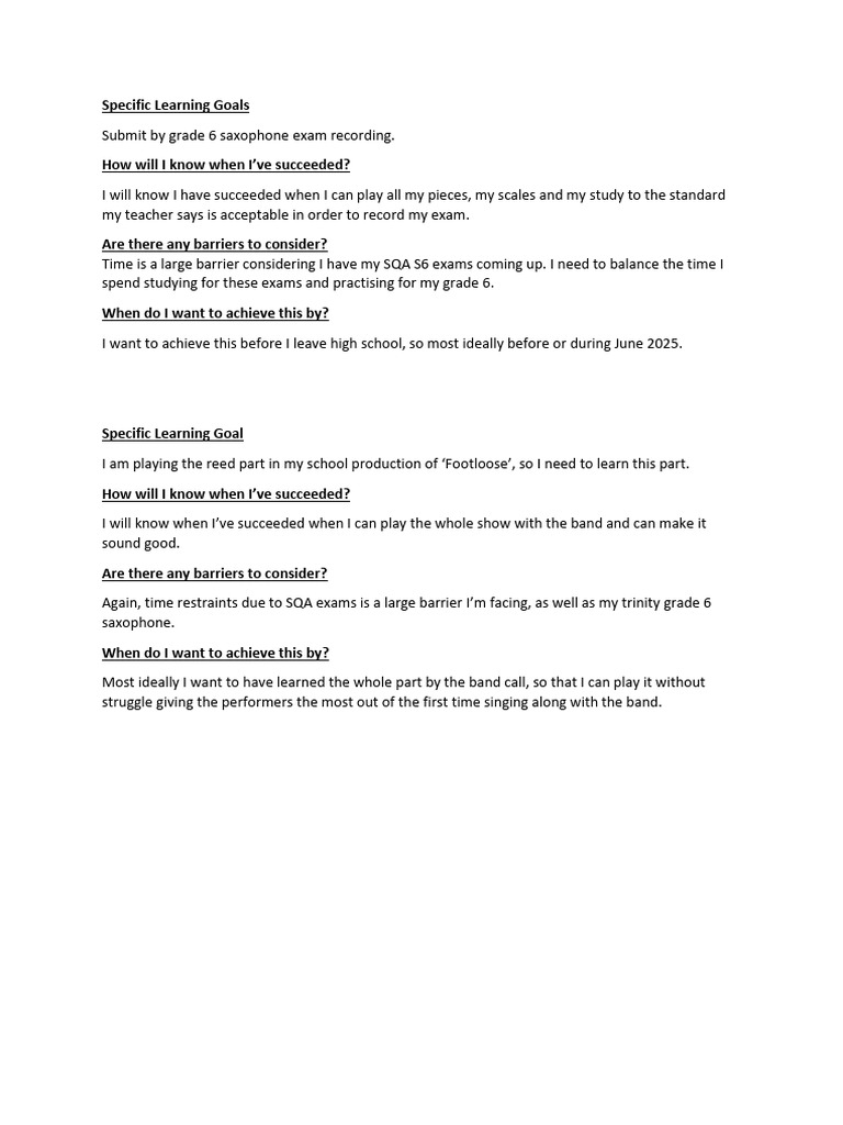 Specific Learning Goals | PDF