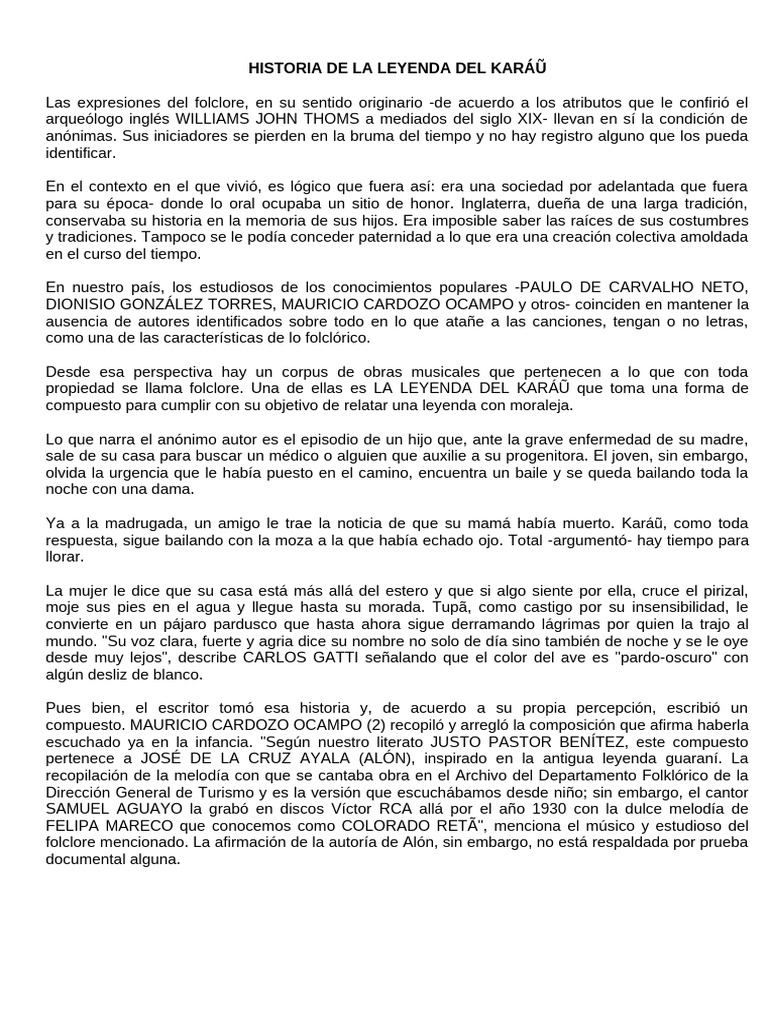 La Leyenda del Karau: Origen y Moraleja | PDF | Folklore