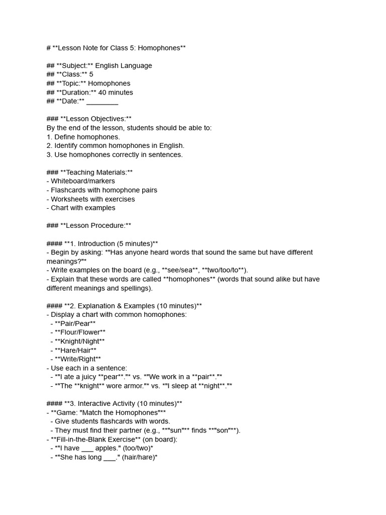Homophones Lesson Plan for Class 5 | PDF
