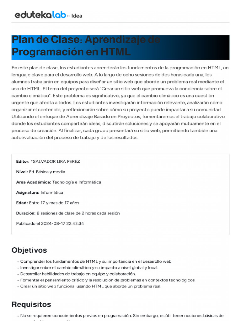 Plan de Clase - Aprendizaje de Programación en HTML | PDF