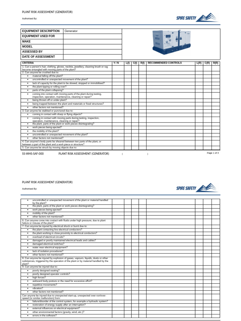 SS WHS SAF 000 Plant Risk Assessment Generator 1 | PDF | Safety