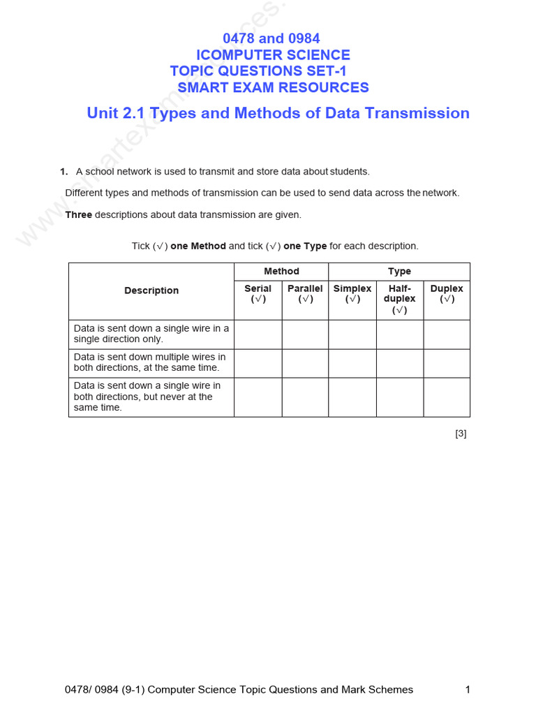 2.1.1 Data Transmission Topic Questions Paper 1 Set 1 | PDF | Duplex (Telecommunications) | Usb