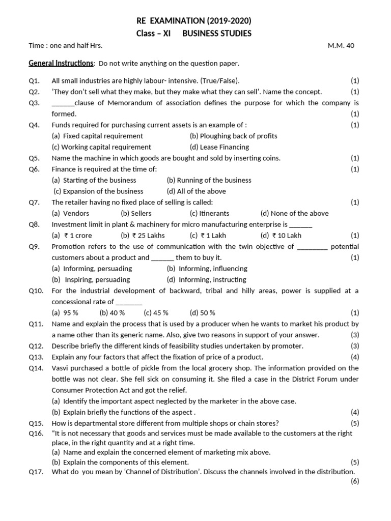 BST XI Re Exam Paper 2019-20 | PDF | Marketing | Economies