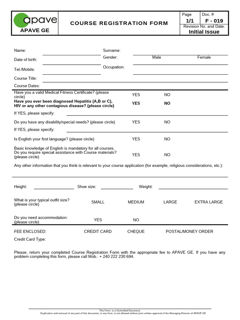 F-019 Course Registration Form | PDF