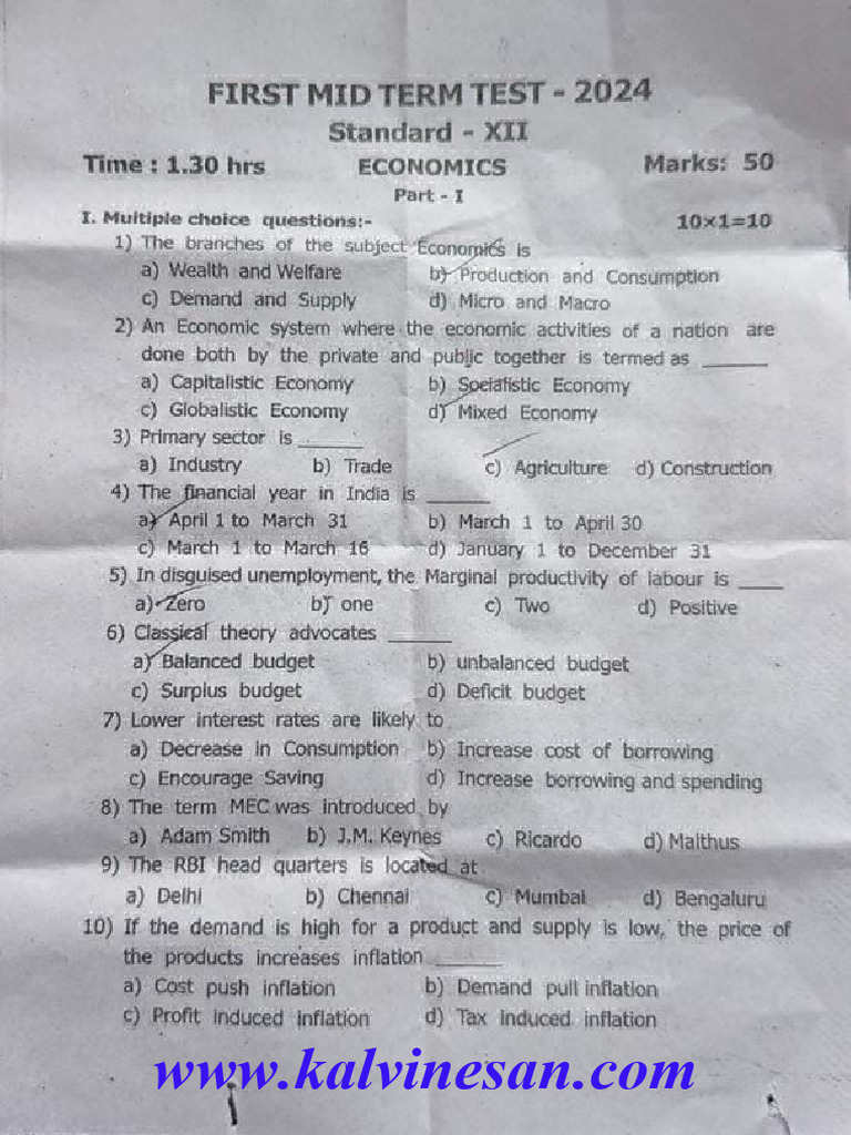 12th Economics First Mid Term QP EM Kanchipuram 2024 | PDF