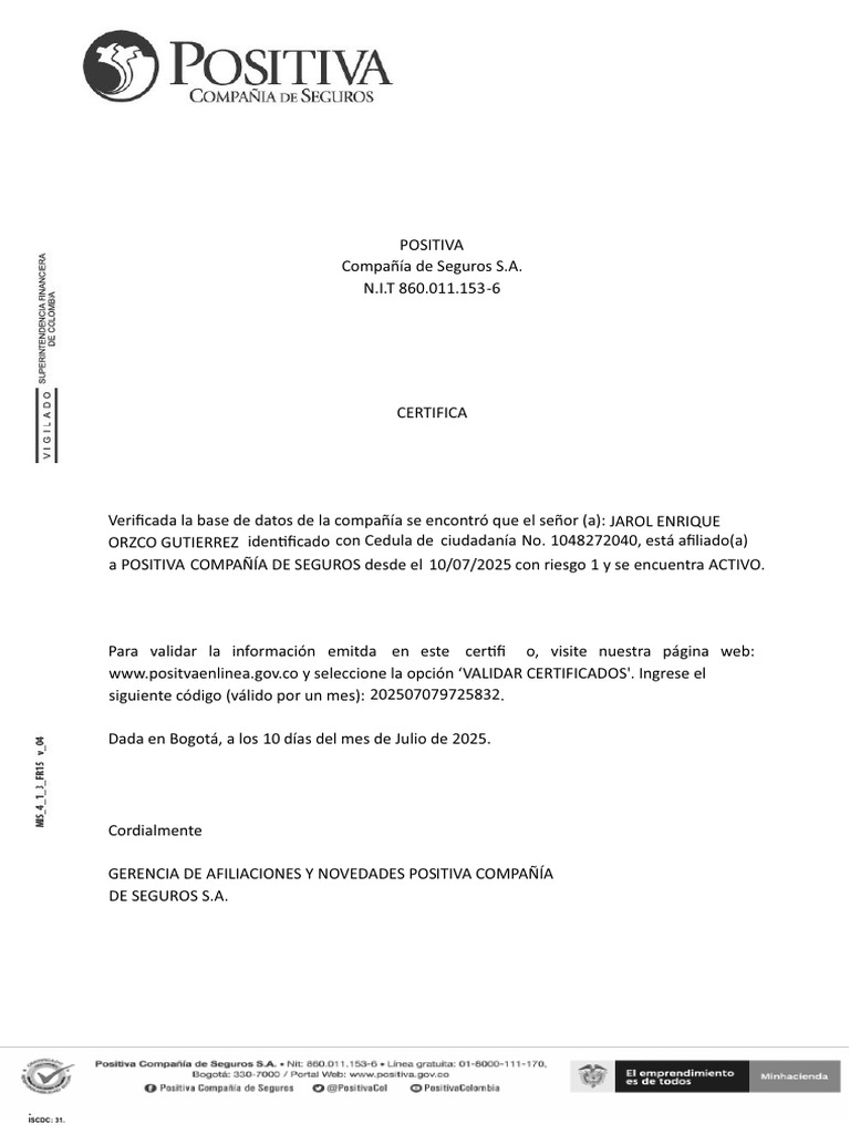 Certificadoarl Jarol Enrique | PDF