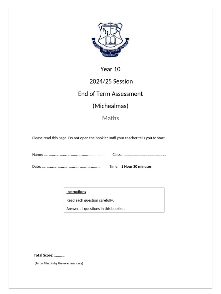 Year 10 Maths End-of-Year Test | PDF | Mathematics | Chess