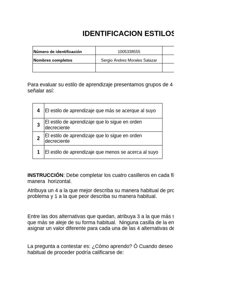 Formato Identificacion Estilos de Aprendizaje 2024 Sergio | PDF | Aprendizaje | Razón