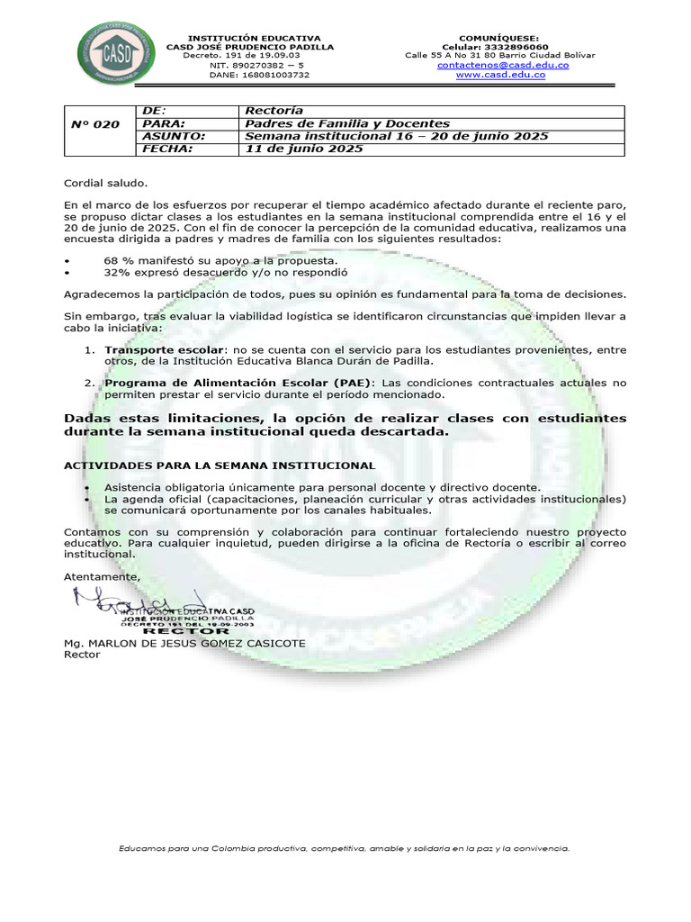 Circular 020 Semana Institucional 16-20 de Junio 2025 | PDF