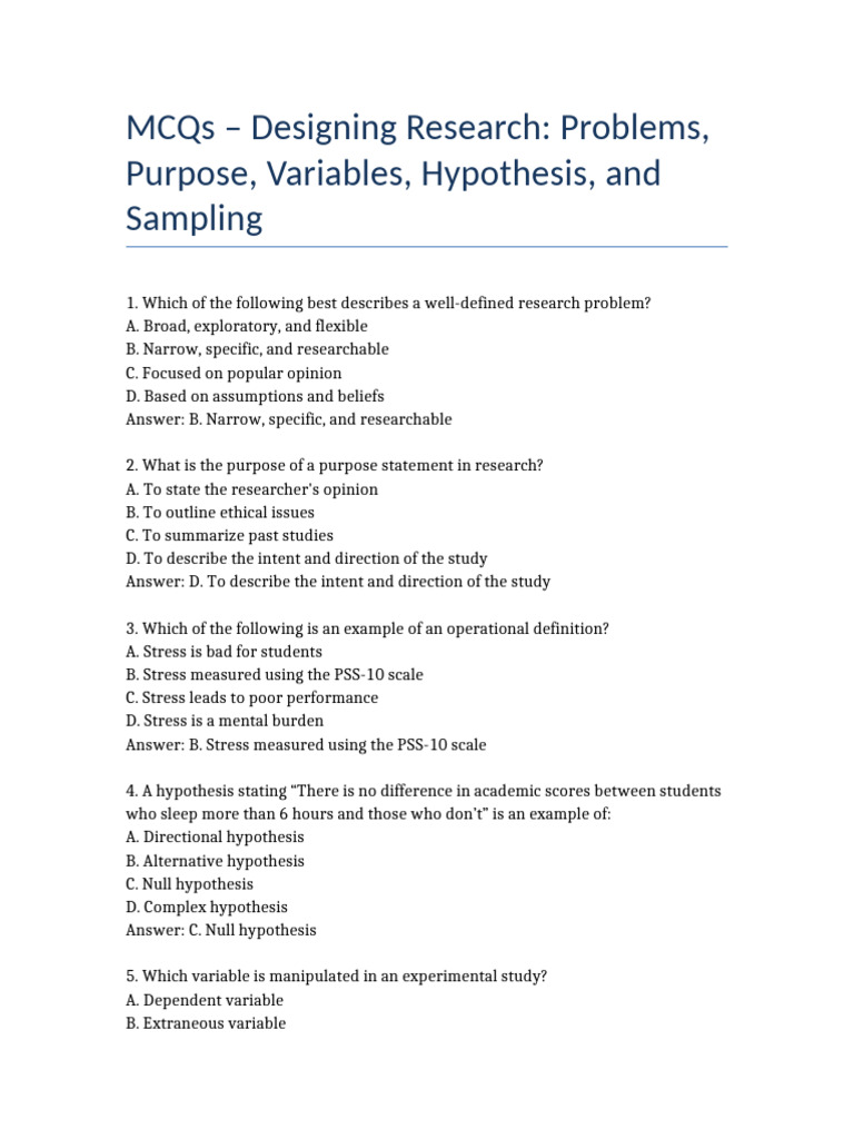 Research Design MCQs: Problems & Variables | PDF