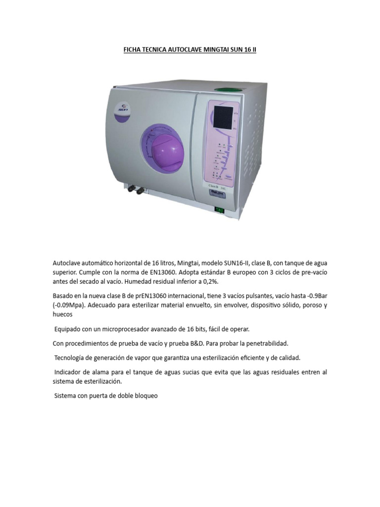 Autoclave Mingtai SUN 16 II: 16L Clase B | PDF