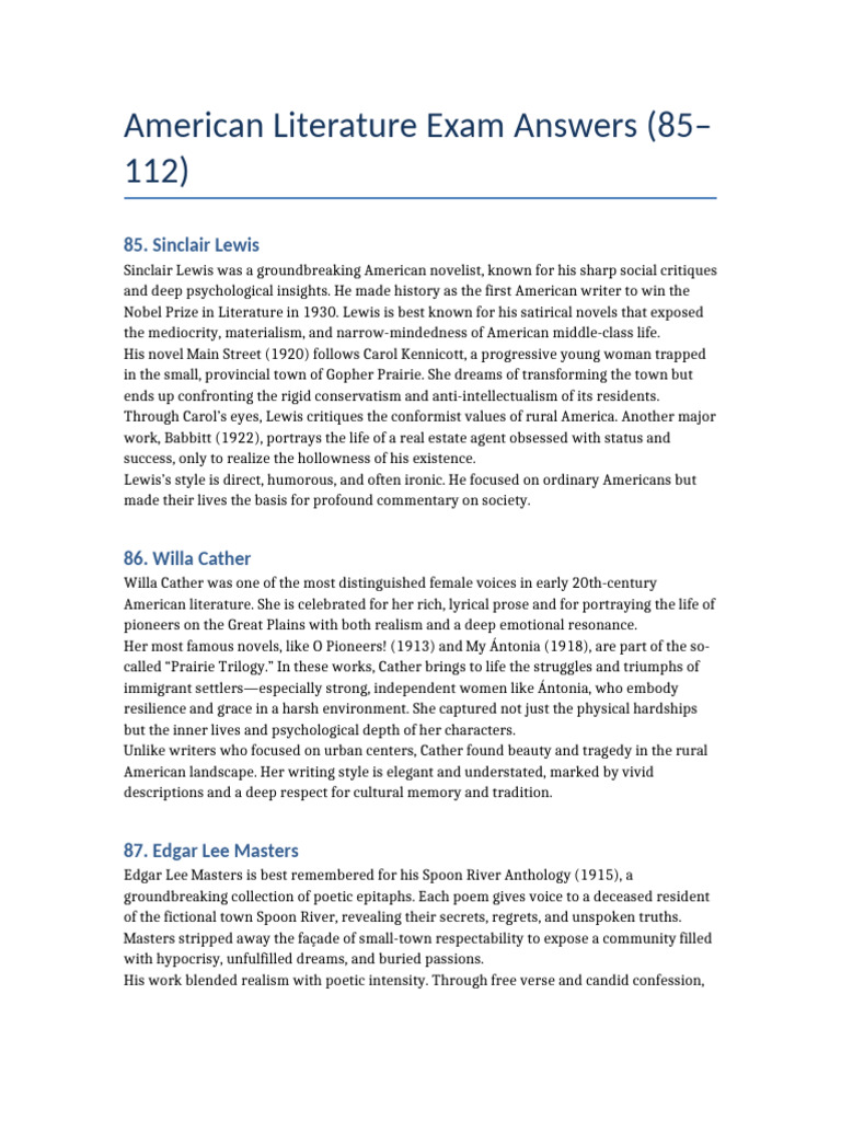 American Literature Exam Answers 85-112 | PDF | Poetry | American ...