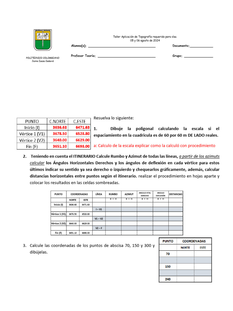1 Taller REPASO de TOPOGRAFIA Teoría para Vías 2024 2 Con Plano Def | PDF | Sistema de ...