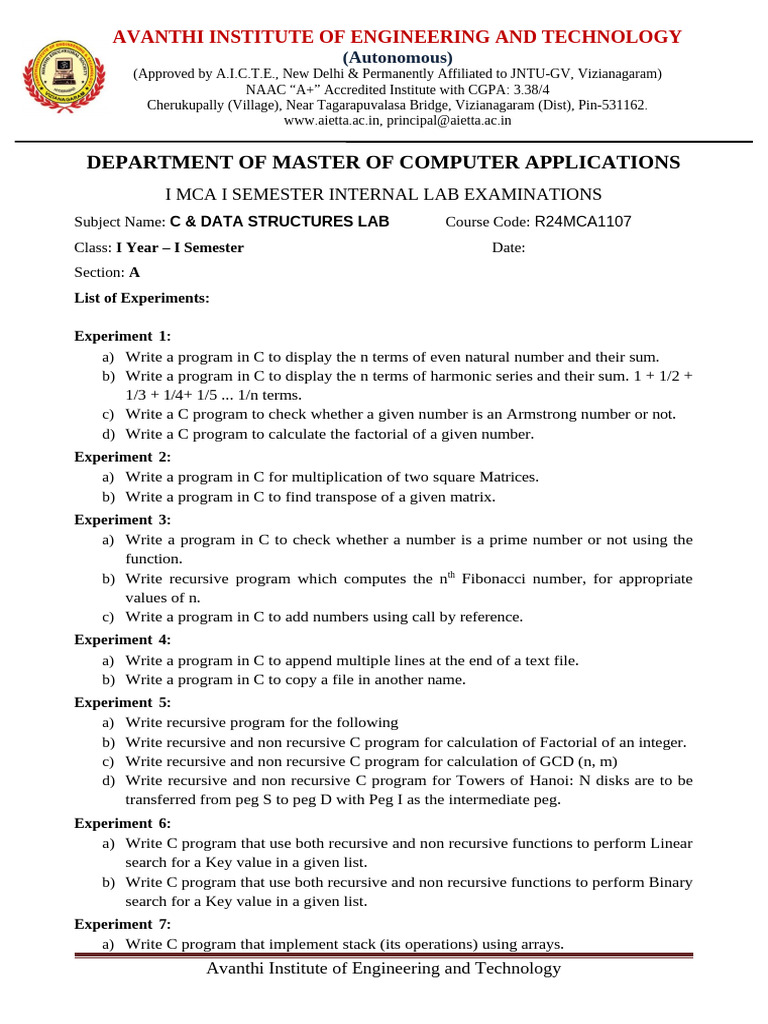 C &ds Internal Question Paper | PDF | Algebra | Algorithms