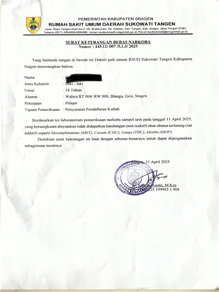 Surat Keterangan Bebas Narkoba | PDF