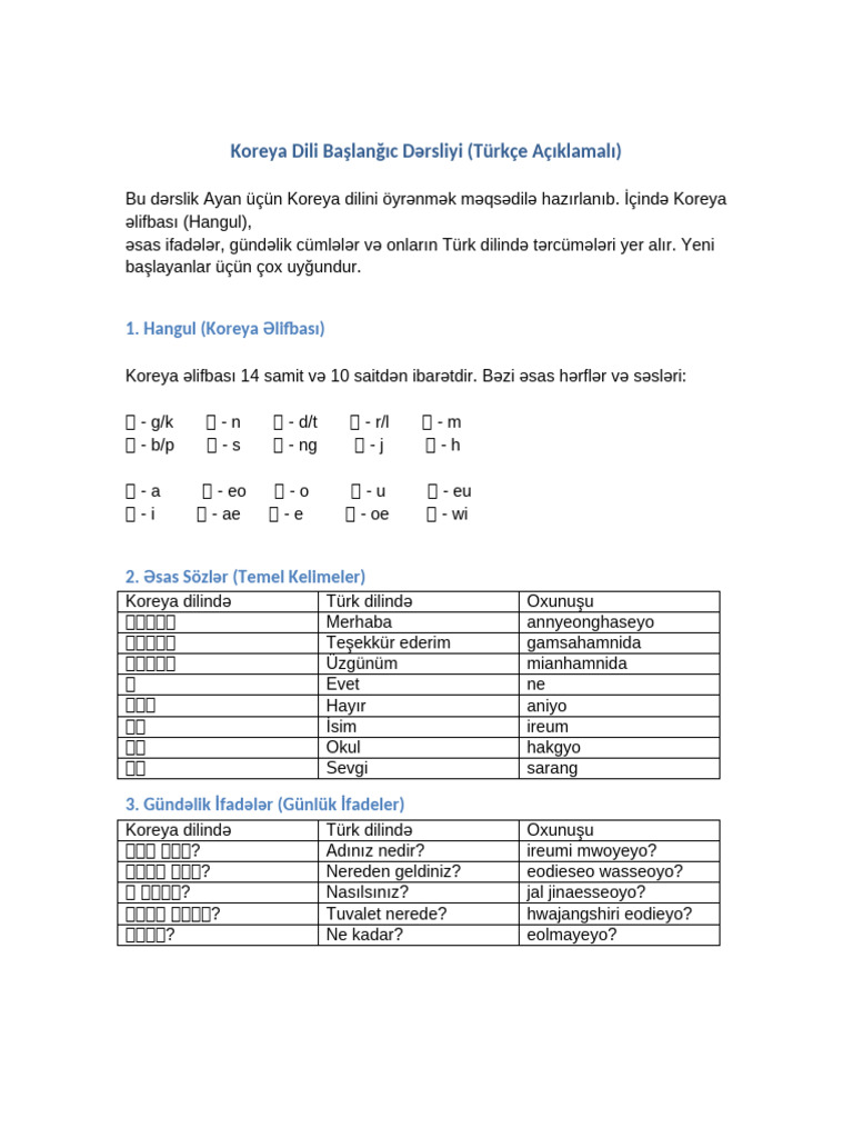 Koreya Turkce Baslangic Derslik Ayan | PDF