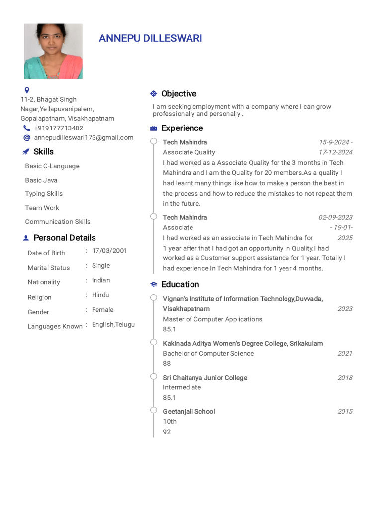 A Dilleswari Resume1 | PDF