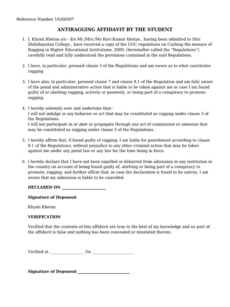 Anti Ragging Affidavit Form | PDF | Affidavit