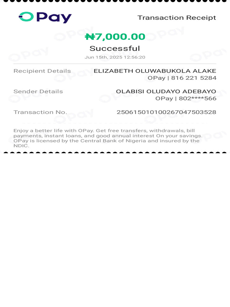 OPay Transaction Receipt - ₦7,000 Successful | PDF