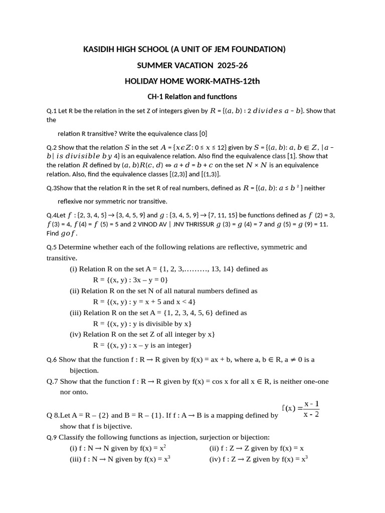 12th Grade Maths Holiday Homework | PDF | Abstract Algebra | Mathematics