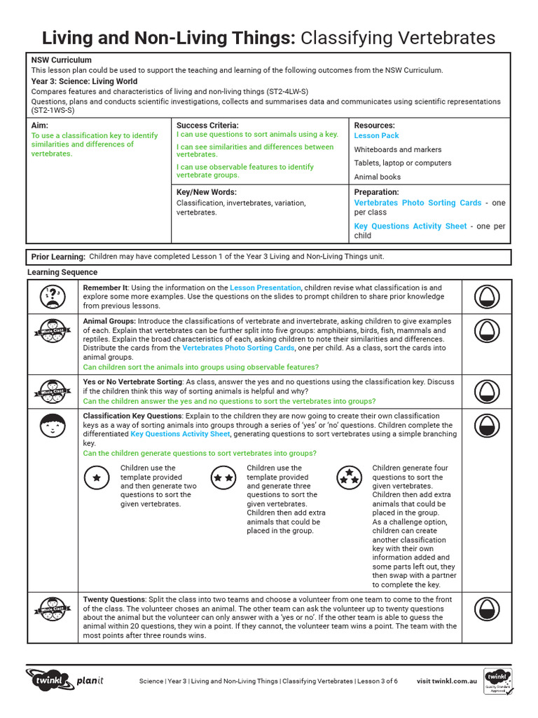 Classifying Vertebrates for Year 3 Science | PDF | Vertebrates | Learning