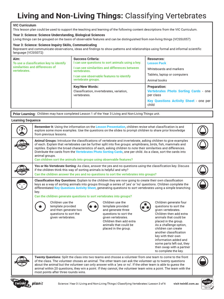 Classifying Vertebrates for Year 3 Science | PDF | Science | Vertebrates