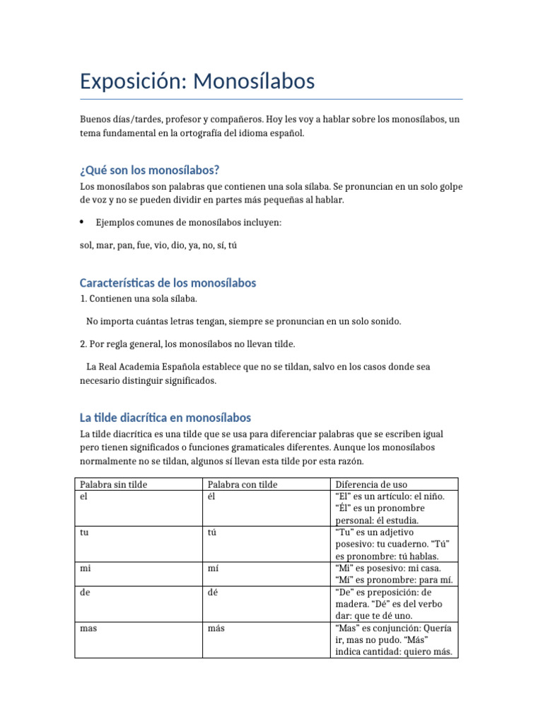 Monosílabos en español: reglas y ejemplos | PDF | Palabra | Pronombre