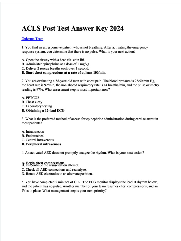 Acls Acls Post T Post Test Answer Key Est Answer Key 2024 2024 | PDF ...