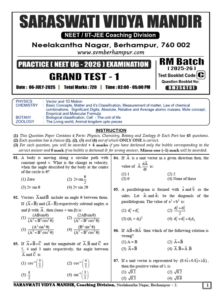 RM Gt-1 06-July-2025 Ques Solutions SVM NKG | PDF | Acceleration | Velocity