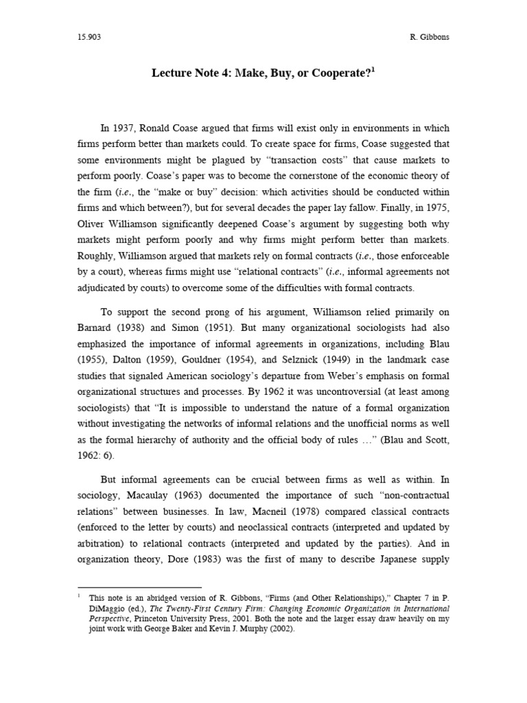 DE2 - Part 3 - Gibbons Make-Or-buy Required Reading | PDF | Economies | Business