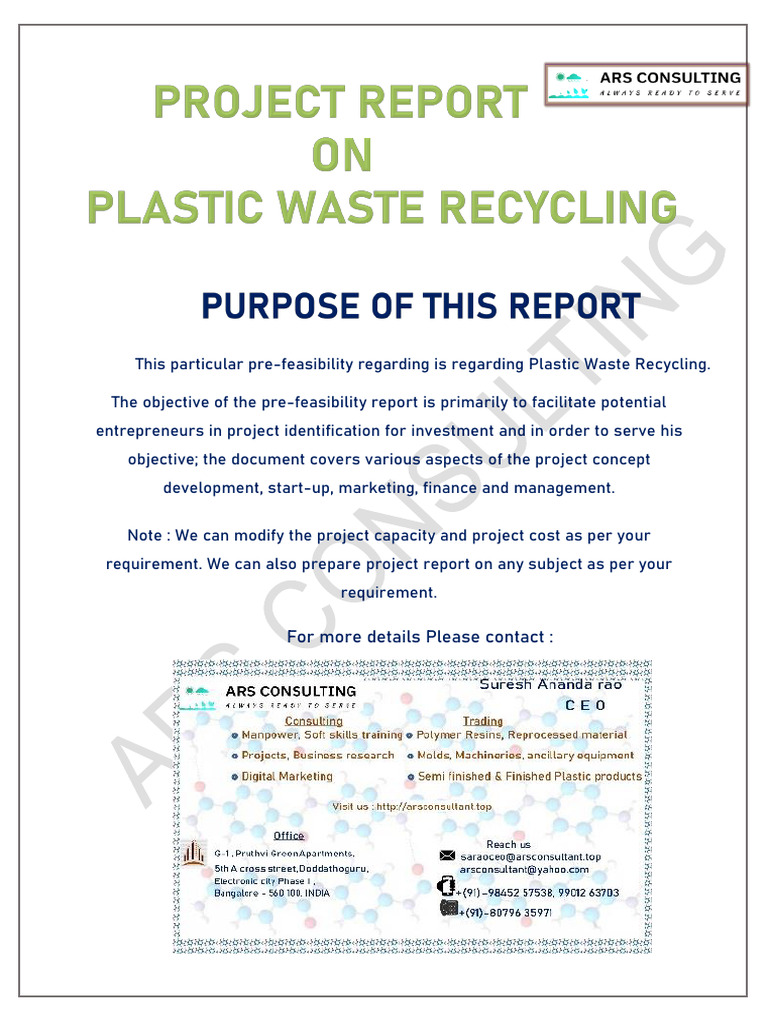 Plastic Waste Recycling - Project Report - ARS CONSULTING - Sample Copy ...