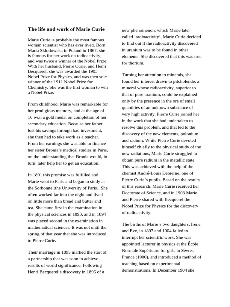 The Life and Work of Marie Curie | PDF | Marie Curie | Nuclear Physics