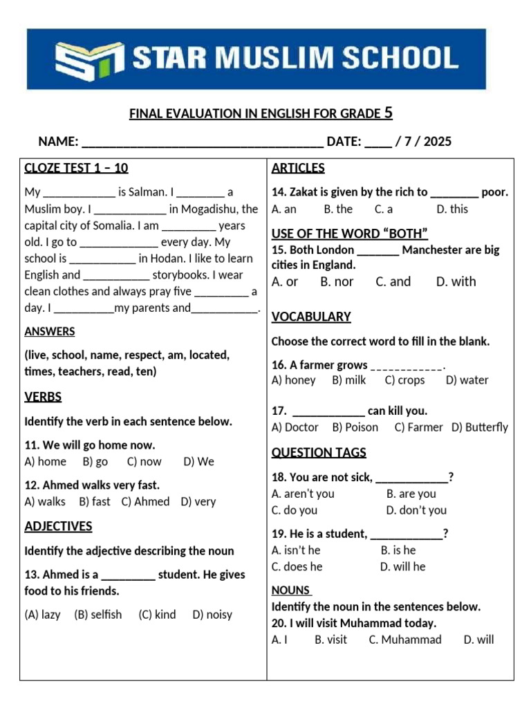 Grade 5 English Evaluation Test | PDF | Linguistics | Syntax