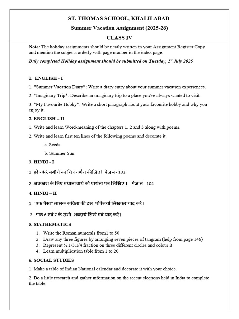 Summer Assignment - Class IV | PDF