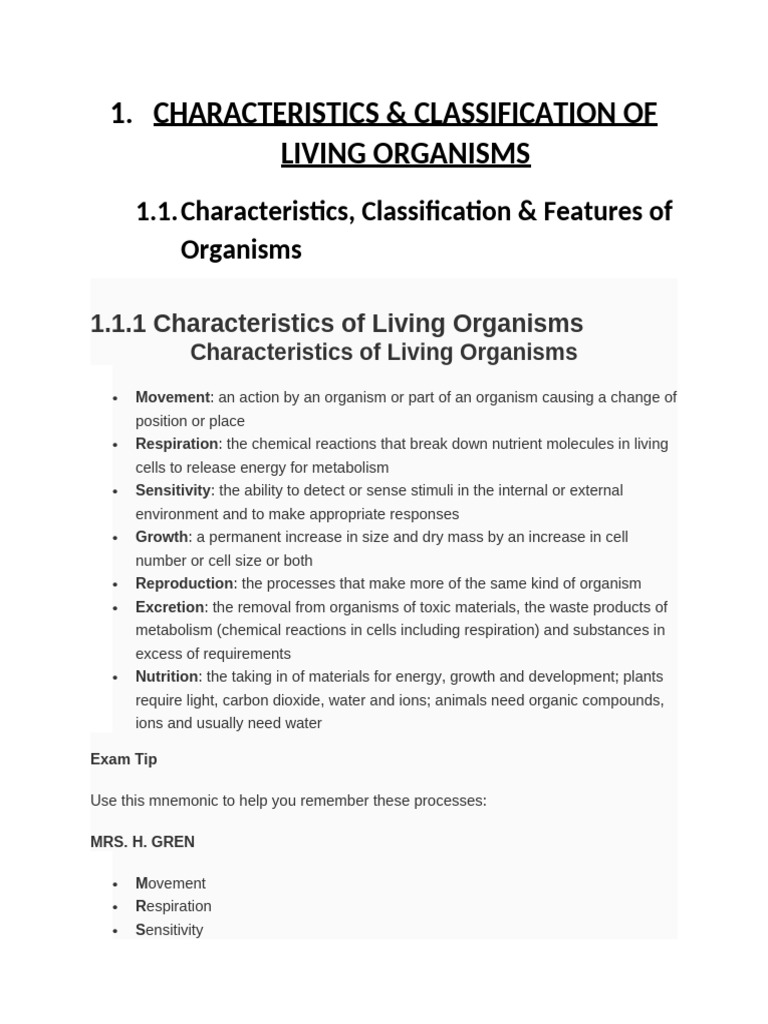 Characteristics & Classification of Living Organisms | PDF | Cell (Biology) | Plants