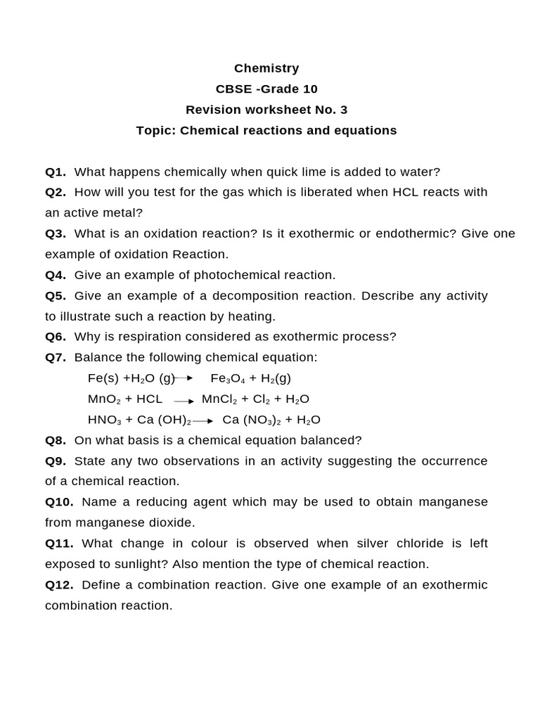 Unit 1 Grade 10 - CBSE - Revision Sheet - Chemical Reactions | PDF