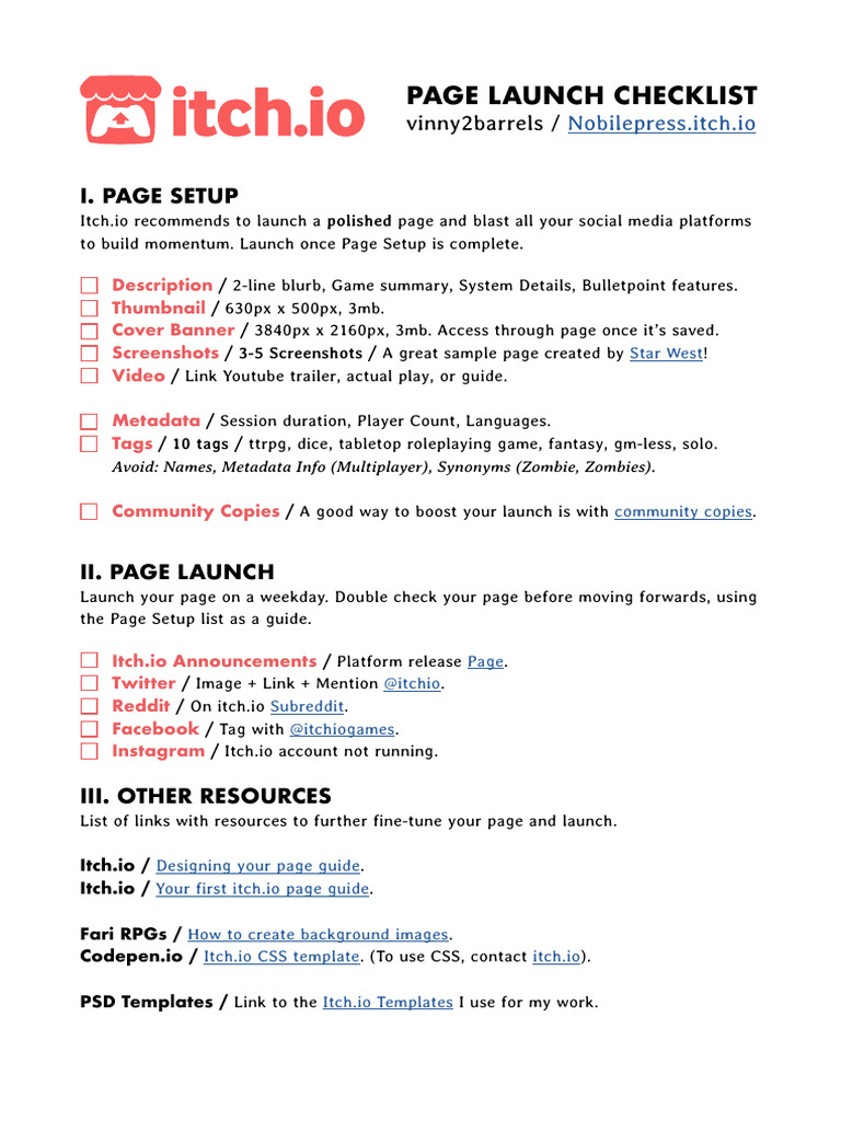 Itch.io Page Launch Checklist | PDF