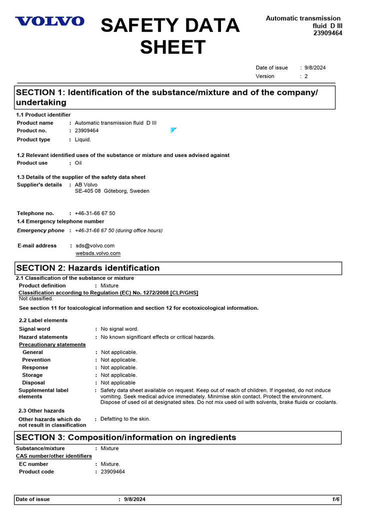 Automatic Transmission Fluid D III Safety | PDF | Waste | Waste Management