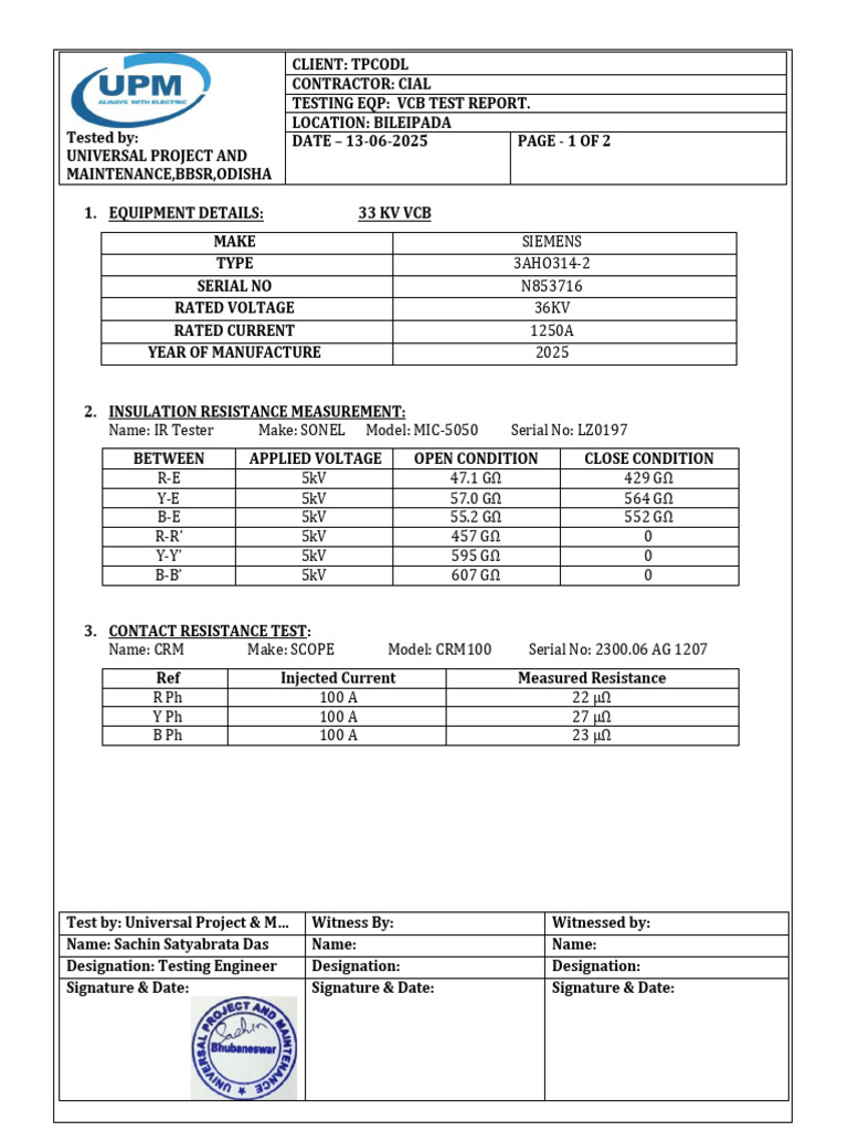 VCB Test Report for Siemens 33kV Breaker | PDF | Manufactured Goods ...