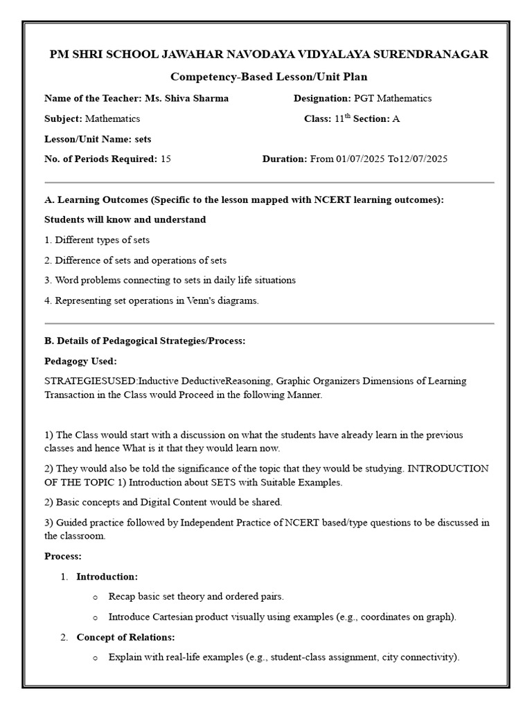 Sets Class 1 Lesson Plan For Purpose of Teaching 1th | PDF | Function ...