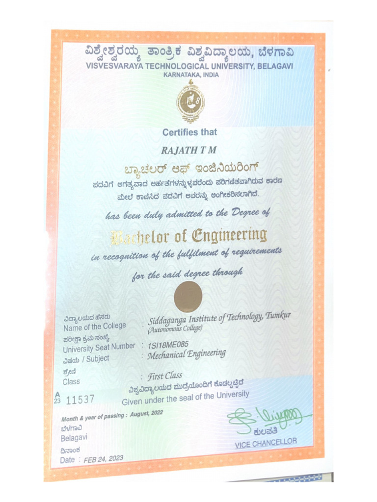 Rajath - Degree Certificate | PDF
