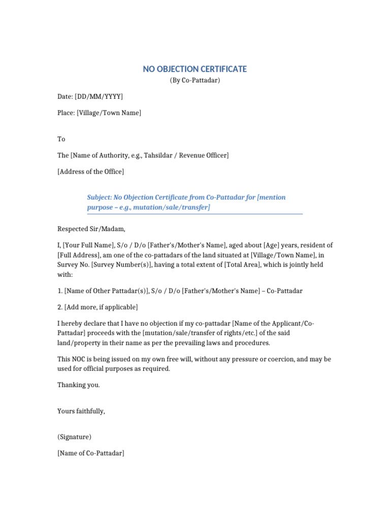 Co-Pattadar NOC Format | PDF