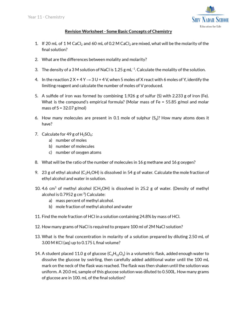Year 11 Chemistry Revision Worksheet | PDF | Mole (Unit) | Chemical ...